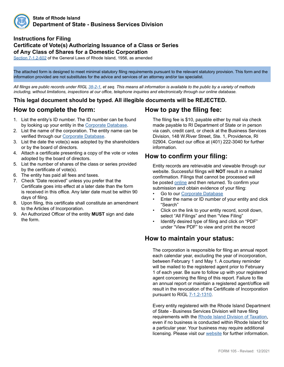 Form 105 - Fill Out, Sign Online and Download Fillable PDF, Rhode ...