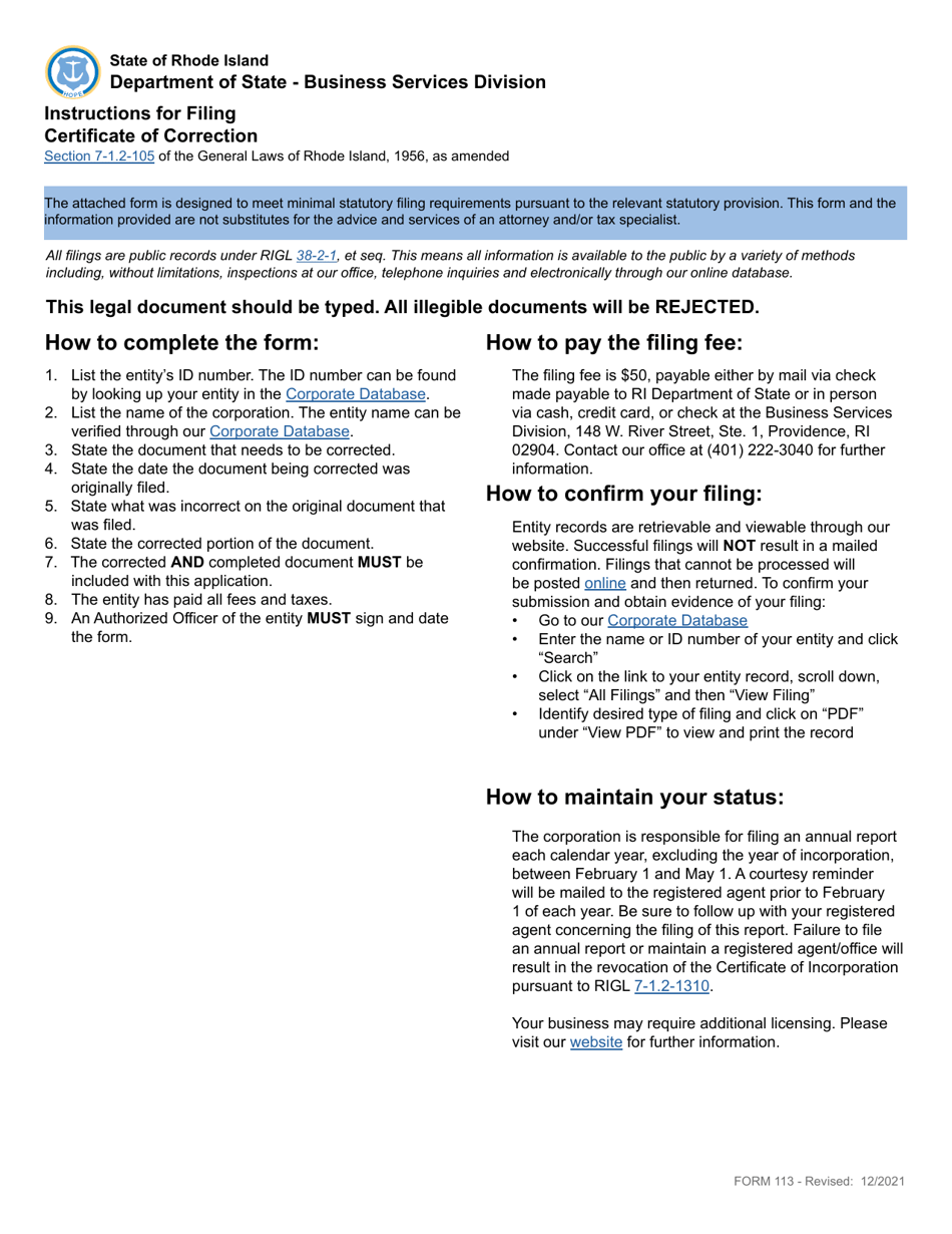Form 113 Download Fillable PDF or Fill Online Certificate of Correction ...