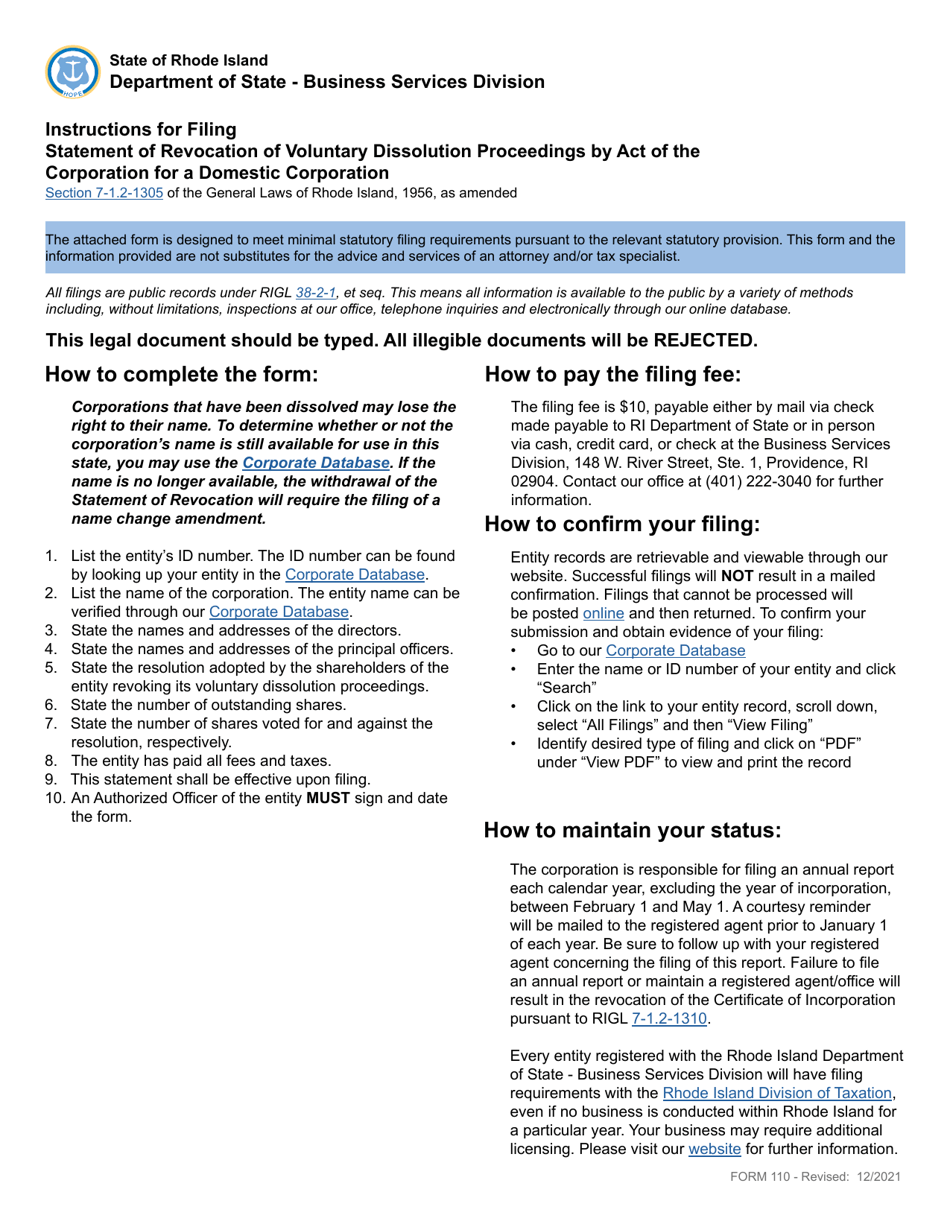 Form 110 - Fill Out, Sign Online and Download Fillable PDF, Rhode ...
