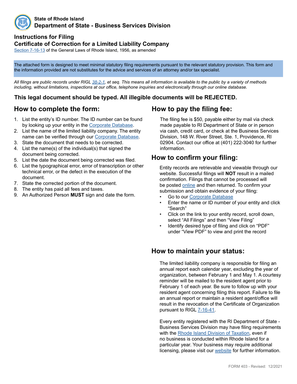 Form 403 Download Fillable PDF or Fill Online Certificate of Correction ...