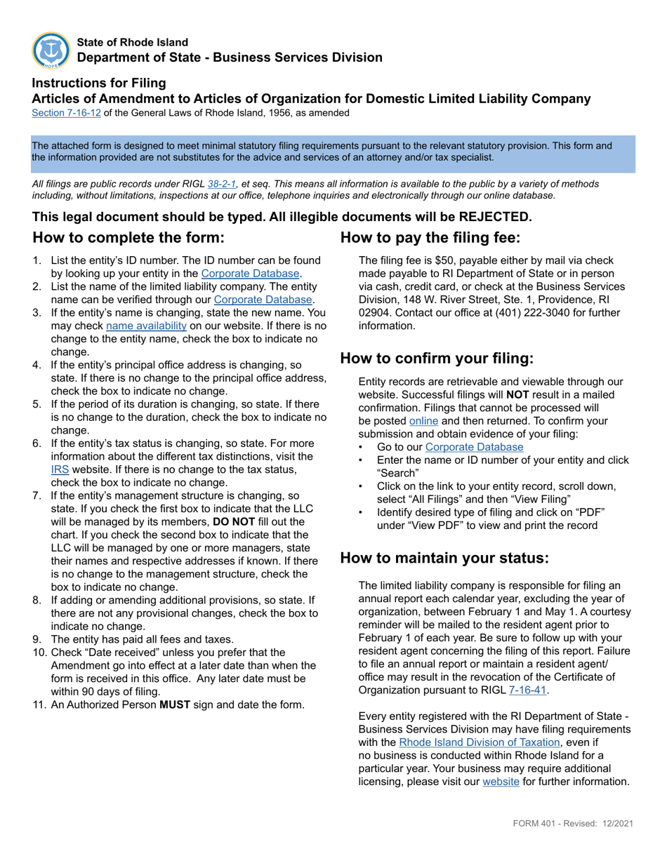 Form 401 - Fill Out, Sign Online and Download Fillable PDF, Rhode ...