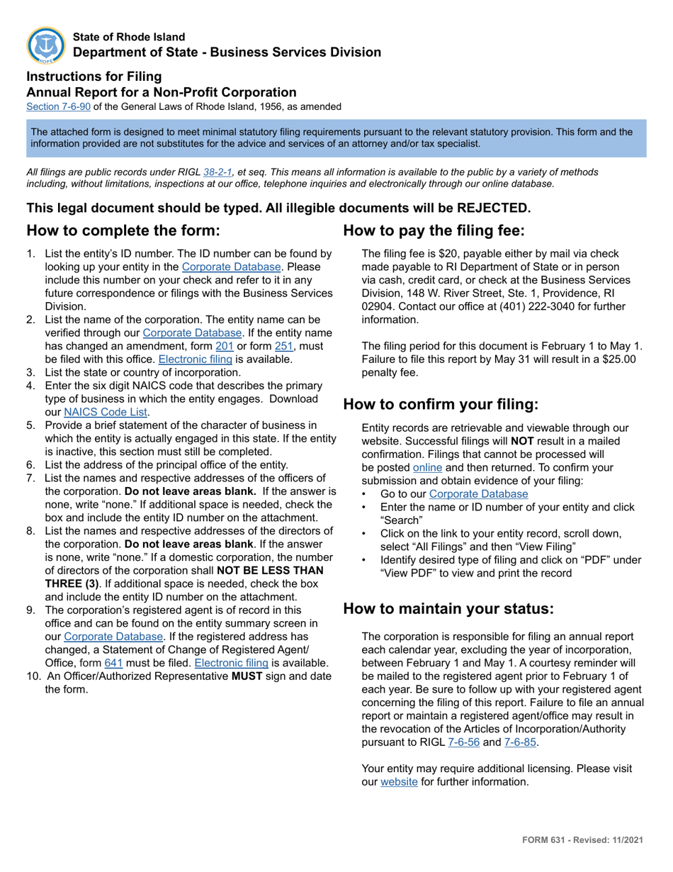 Form 631 Download Fillable PDF or Fill Online Annual Report for a Non ...