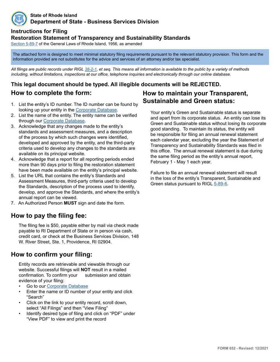 Form 652 - Fill Out, Sign Online and Download Fillable PDF, Rhode ...