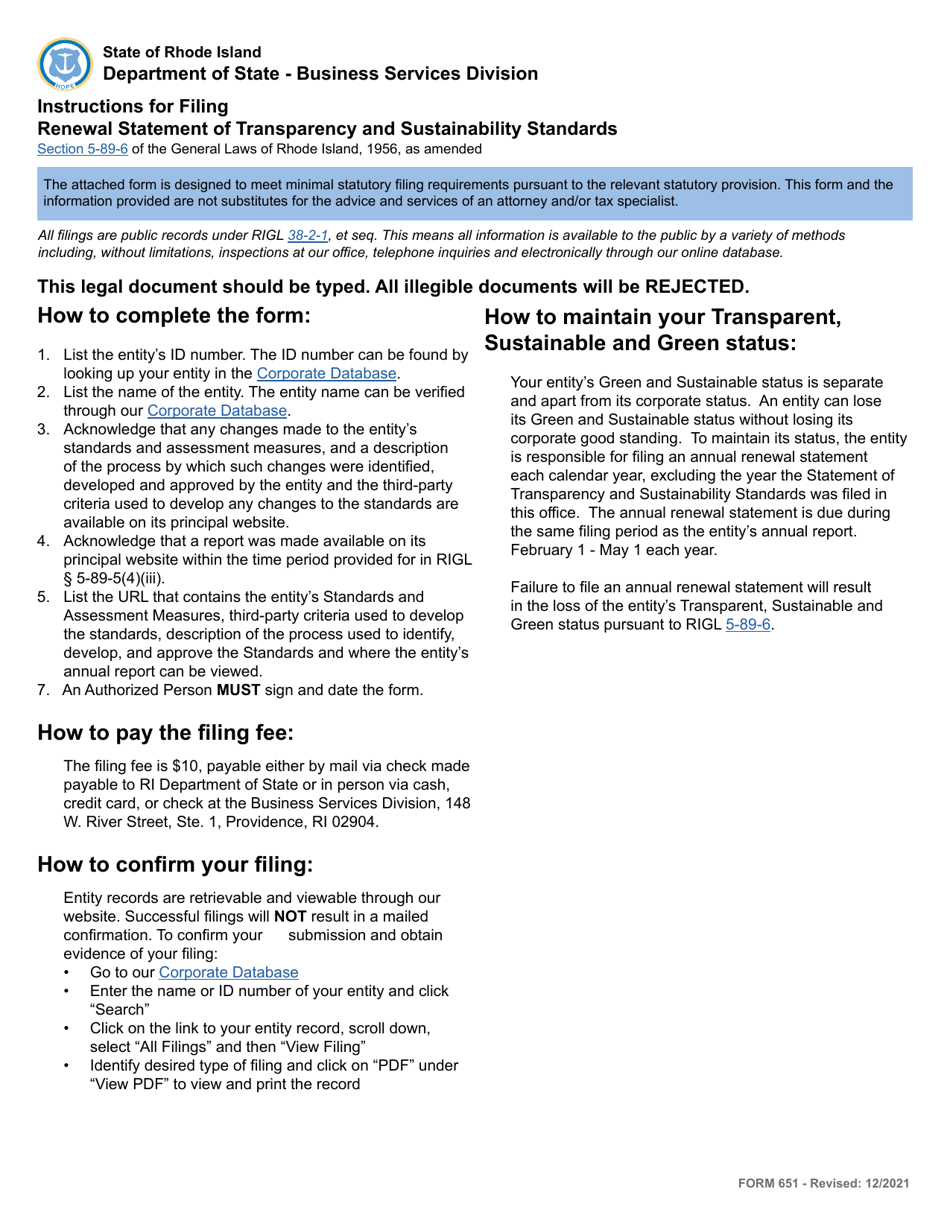 Form 651 - Fill Out, Sign Online and Download Fillable PDF, Rhode ...