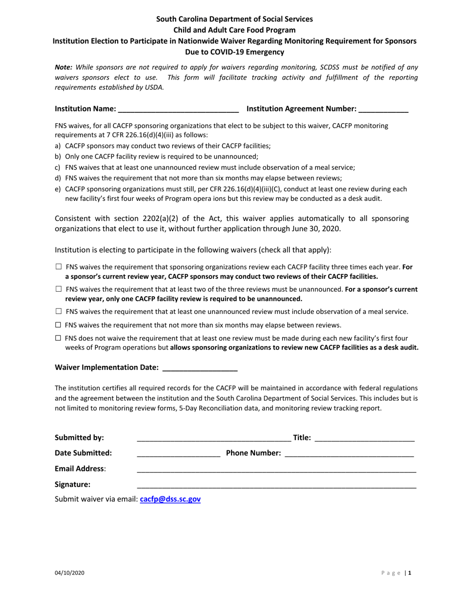 South Carolina Institution Election to Participate in Nationwide Waiver ...
