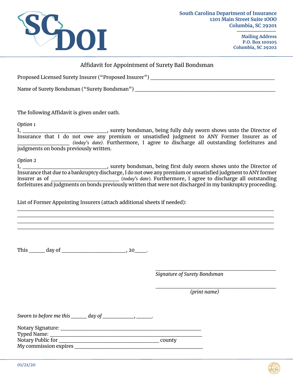 South Carolina Affidavit for Appointment of Surety Bail Bondsman - Fill ...