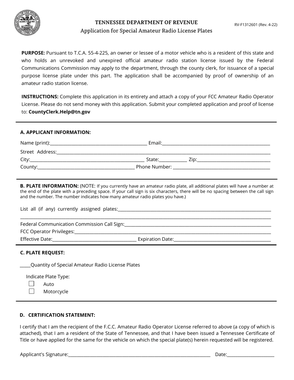 Form RV-F1312601 Download Fillable PDF or Fill Online Application for ...