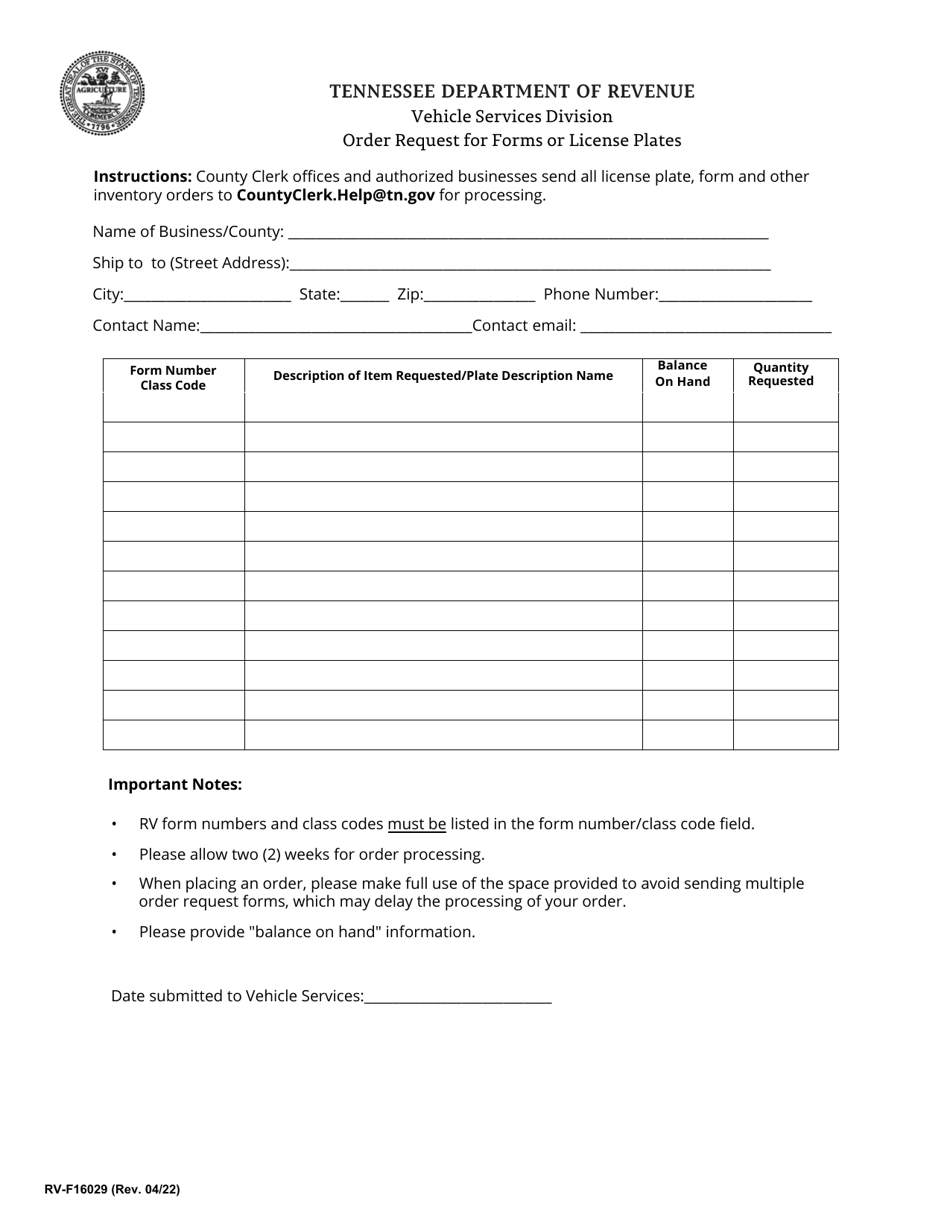 Form RV-F16029 Download Fillable PDF or Fill Online Order Request for ...