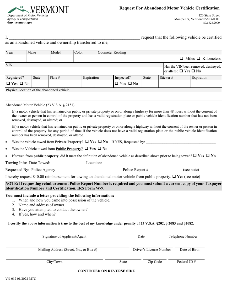 Form VN-012 - Fill Out, Sign Online and Download Fillable PDF, Vermont ...