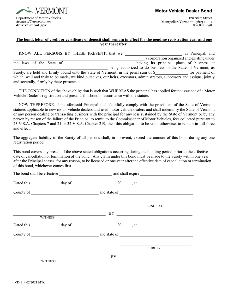 Form VD-114 - Fill Out, Sign Online and Download Fillable PDF, Vermont ...