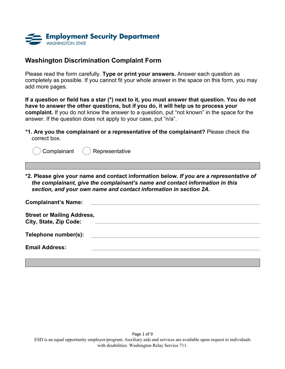 Washington Washington Discrimination Complaint Form - Fill Out, Sign ...