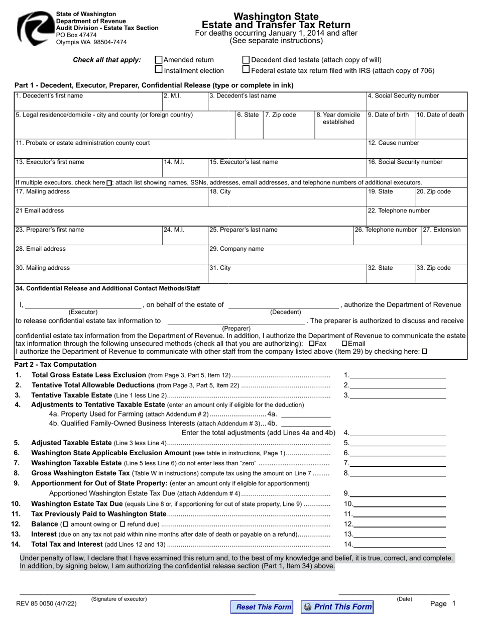 Form REV85 0050 Download Fillable PDF or Fill Online Washington State ...