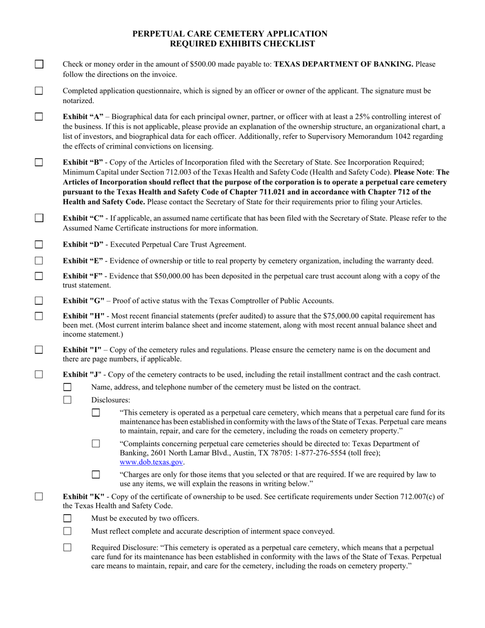 Texas Perpetual Care Cemetery Application Required Exhibits Checklist ...