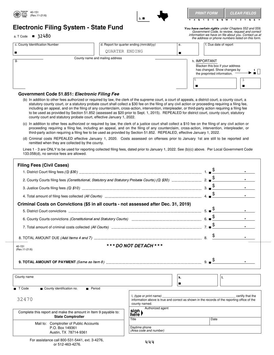 Form 40-151 Download Fillable PDF or Fill Online Electronic Filing ...