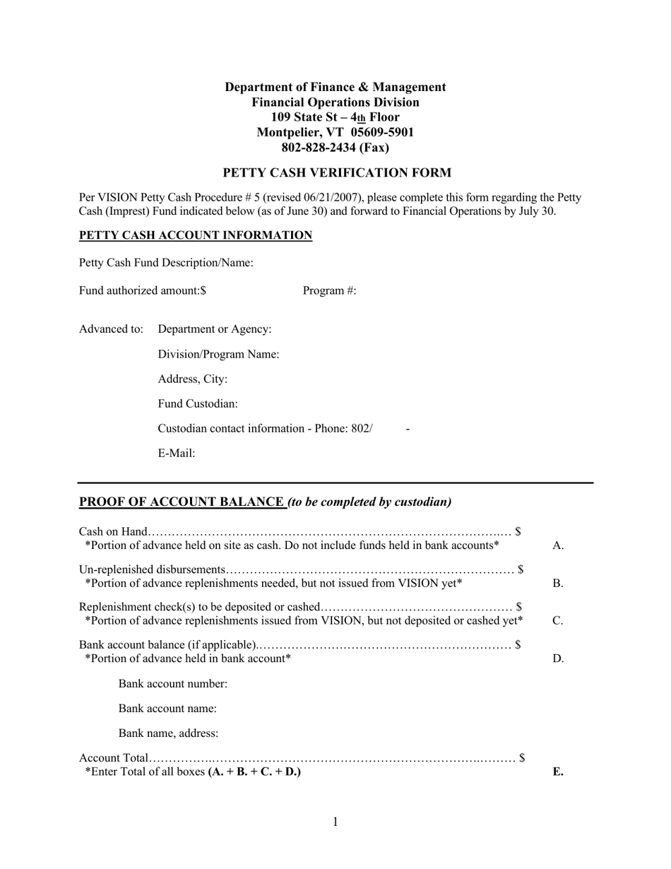 Vermont Petty Cash Verification Form - Fill Out, Sign Online and ...