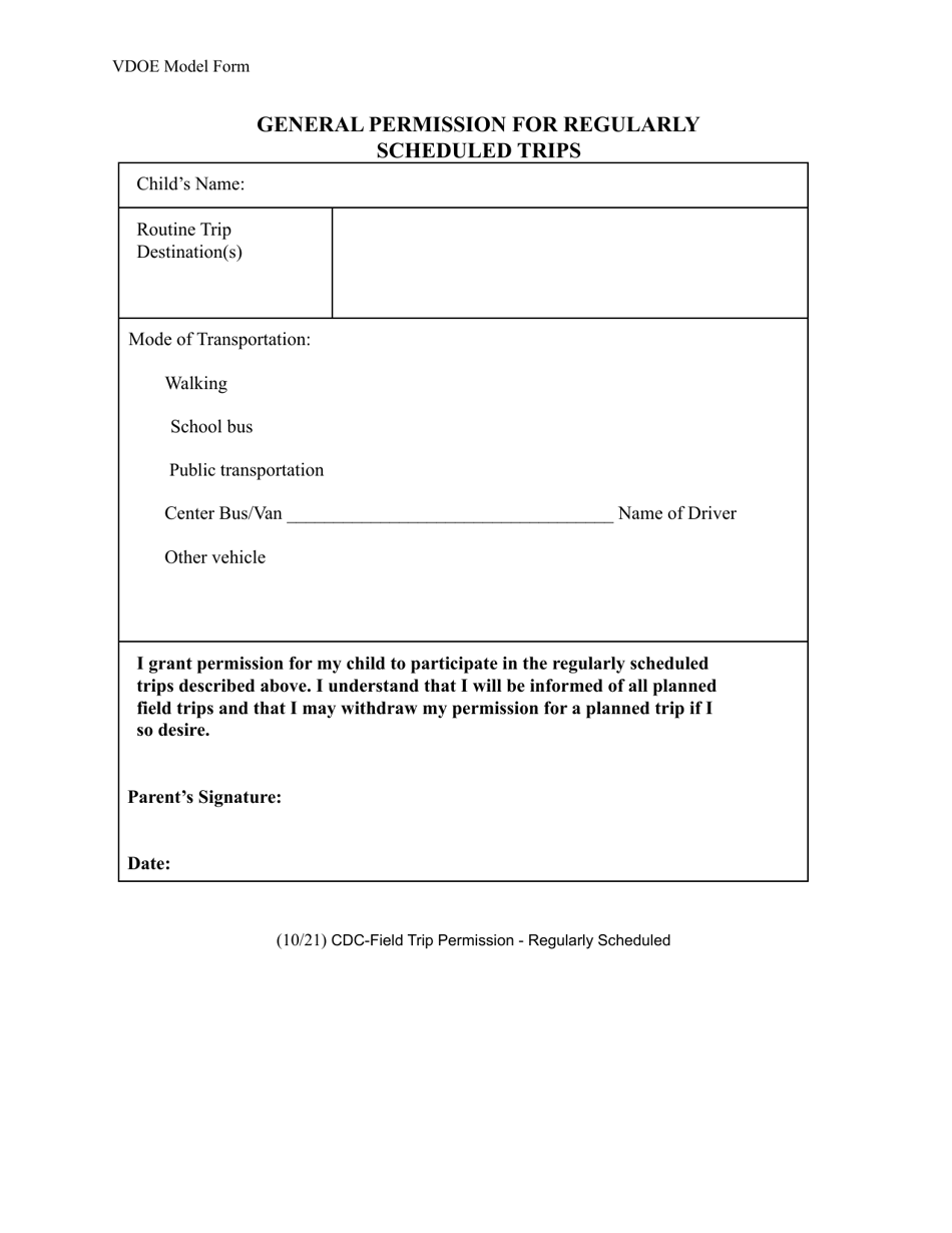 Virginia Field Trip Permission - Regularly Scheduled - Fill Out, Sign ...