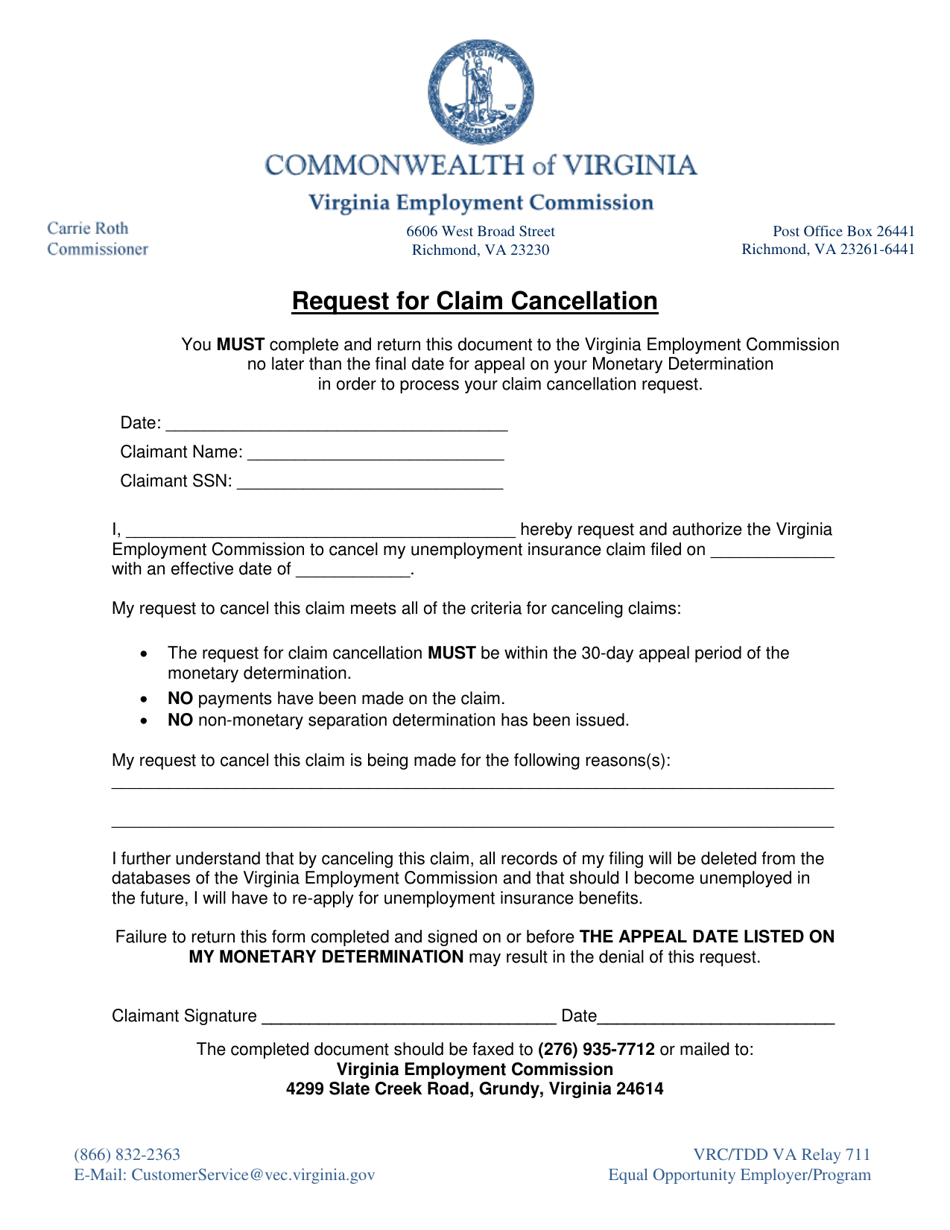 Virginia Request for Claim Cancellation - Fill Out, Sign Online and ...
