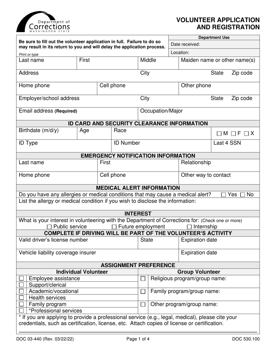 Form DOC03-440 Download Printable PDF or Fill Online Volunteer ...