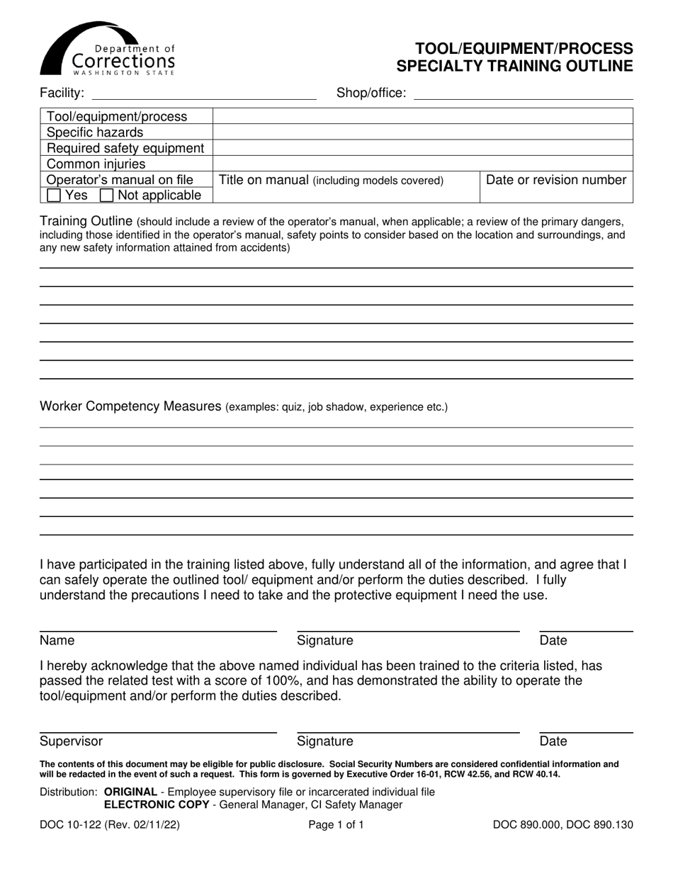 Form DOC10-122 Download Printable PDF or Fill Online Tool/Equipment ...