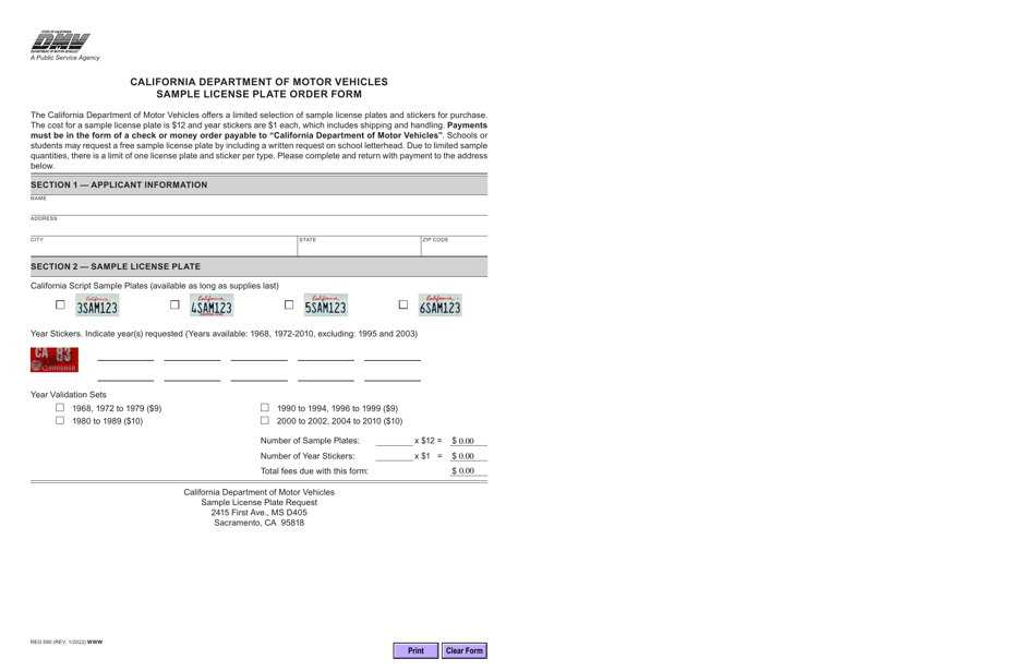 Form REG580 - Fill Out, Sign Online and Download Fillable PDF ...
