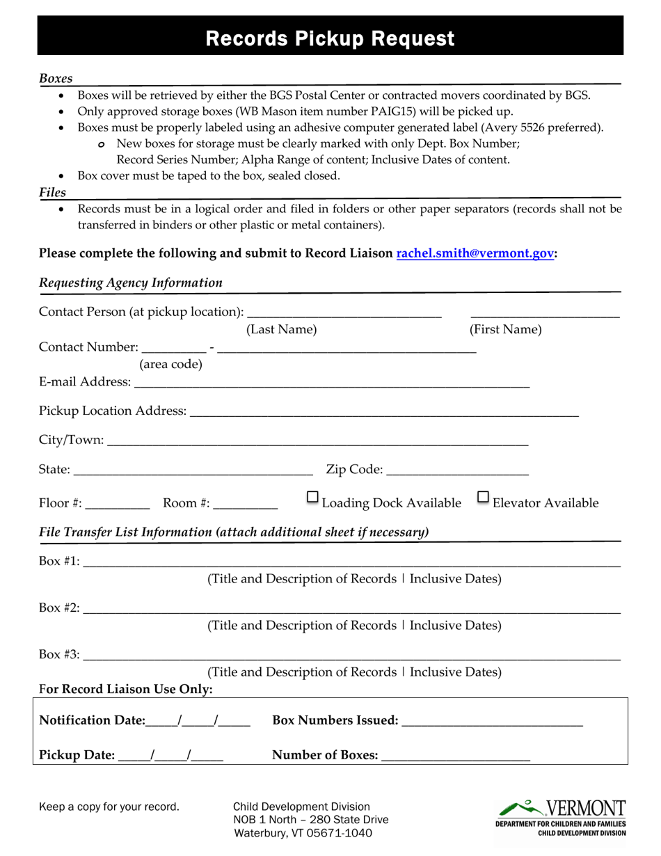 Vermont Records Pickup Request - Fill Out, Sign Online and Download PDF ...