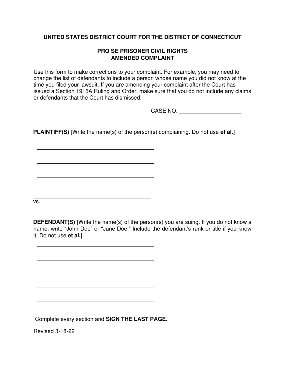 Connecticut Pro Se Prisoner Civil Rights Amended Complaint - Fill Out ...