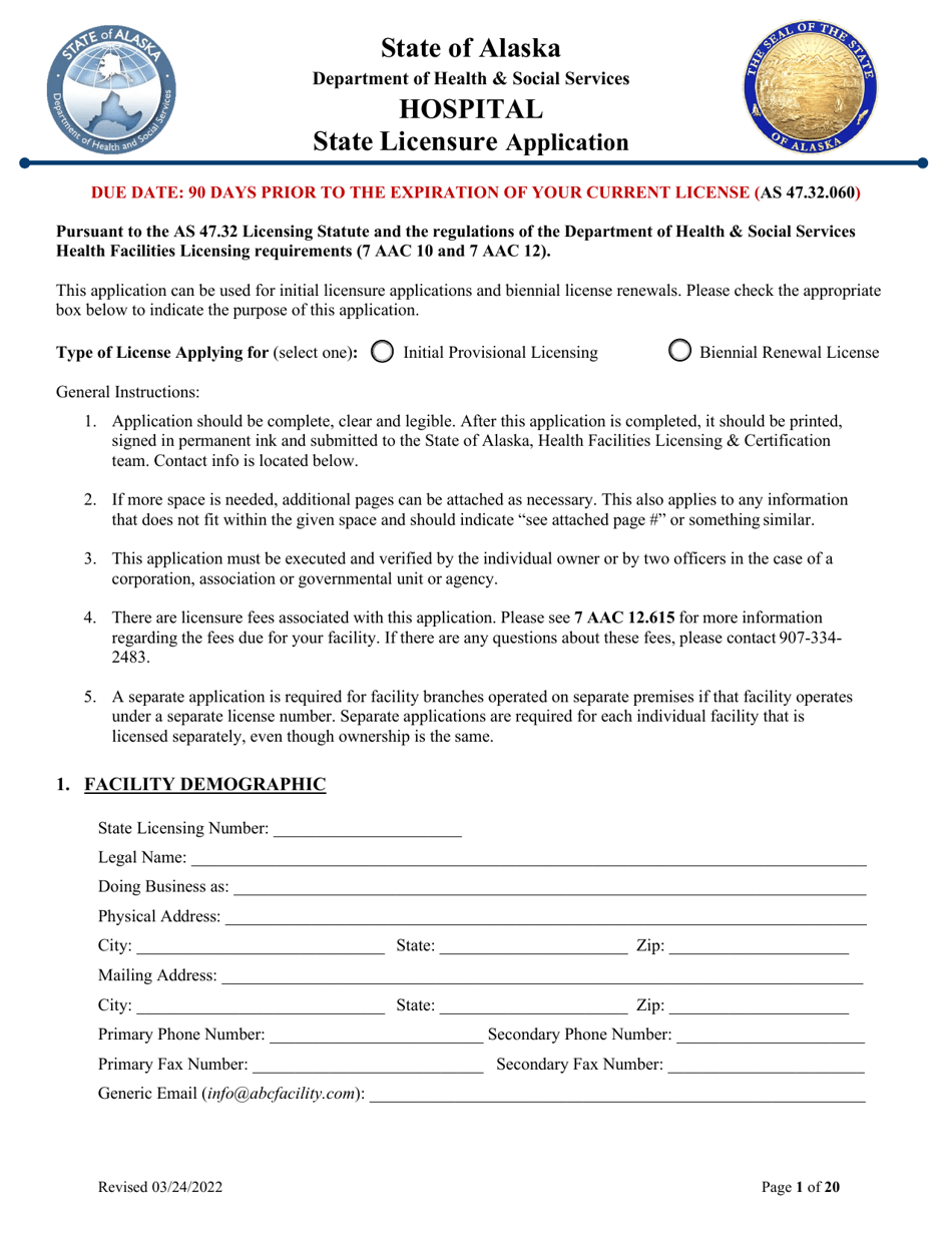 Alaska Hospital State Licensure Application - Fill Out, Sign Online and ...