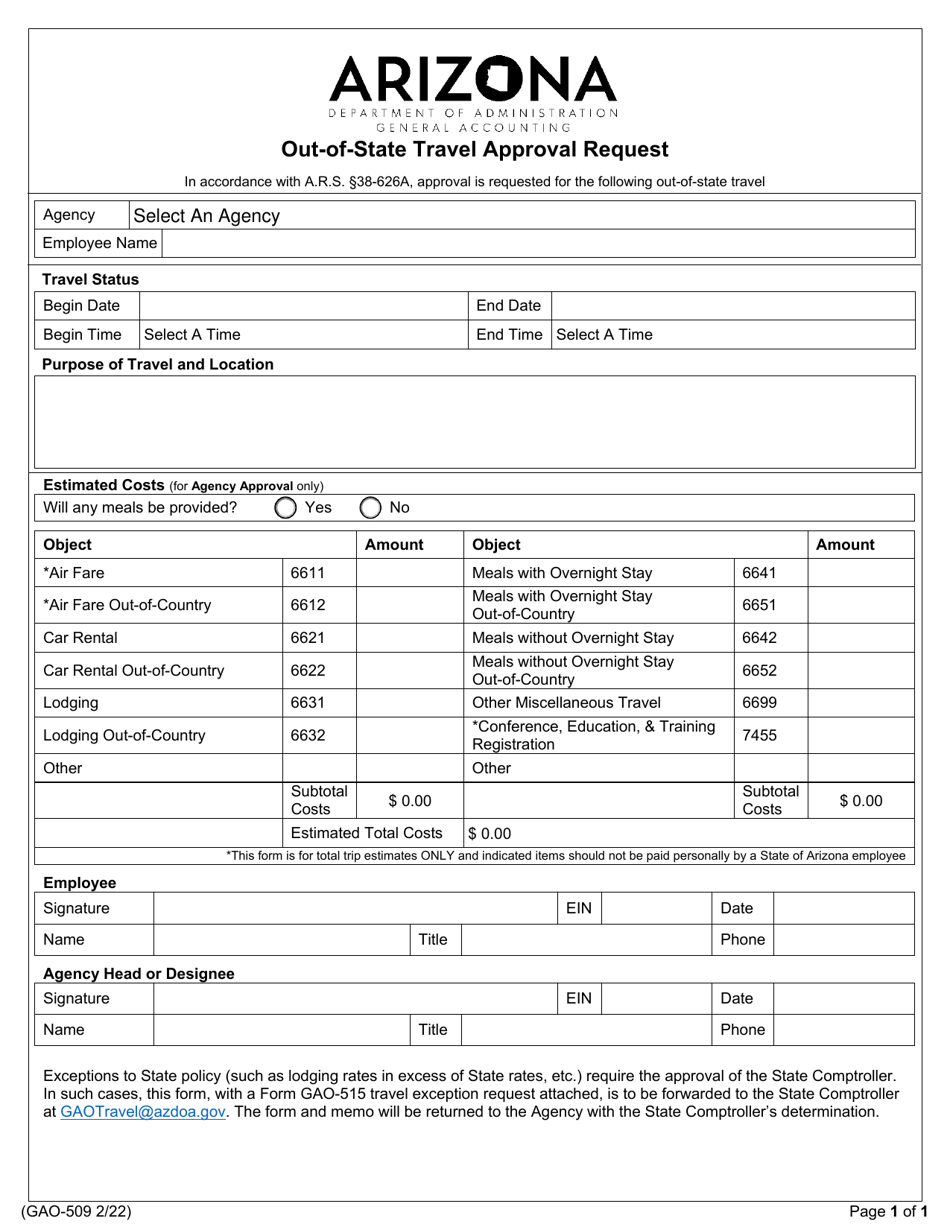 Form GAO-509 Download Fillable PDF or Fill Online Out-of-State Travel ...