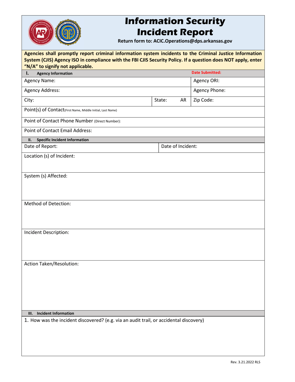 Arkansas Information Security Incident Report - Fill Out, Sign Online ...