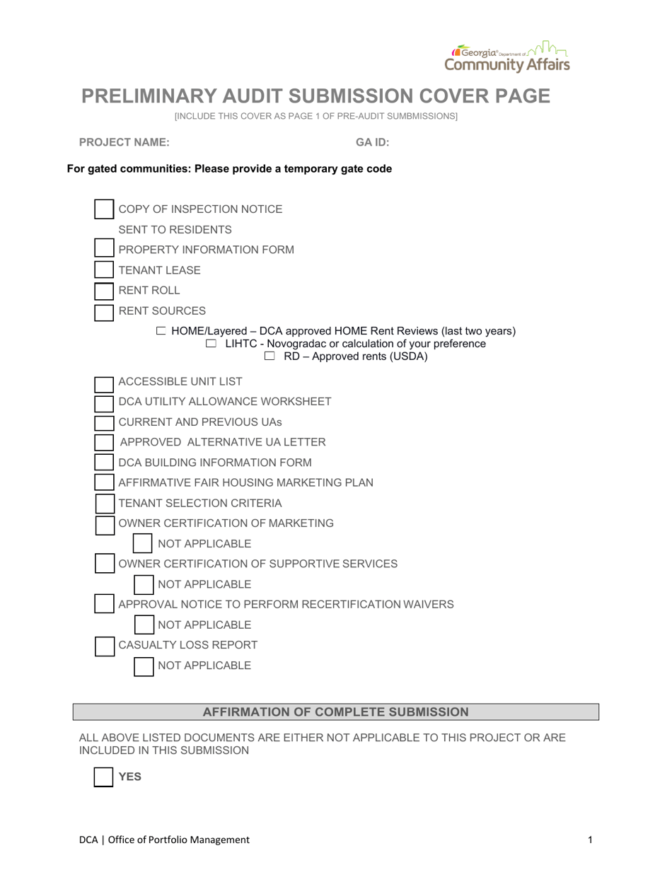 Georgia (United States) Preliminary Audit Submission Cover Page - Fill ...