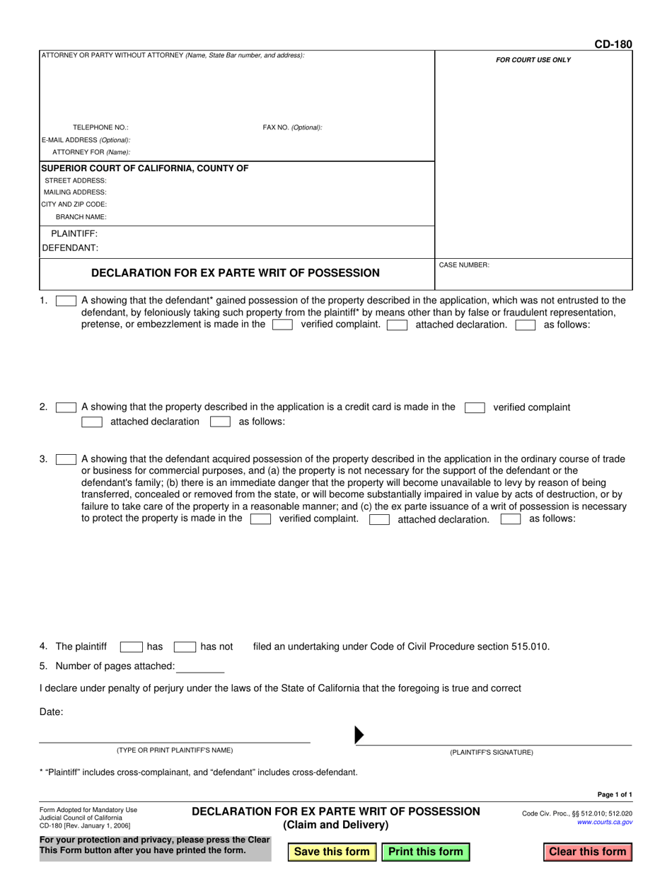 Form CD-180 - Fill Out, Sign Online and Download Fillable PDF ...