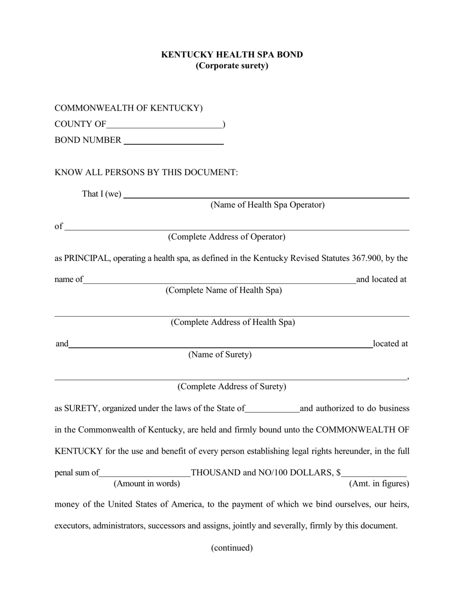Kentucky Kentucky Health SPA Bond (Corporate Surety) - Fill Out, Sign ...