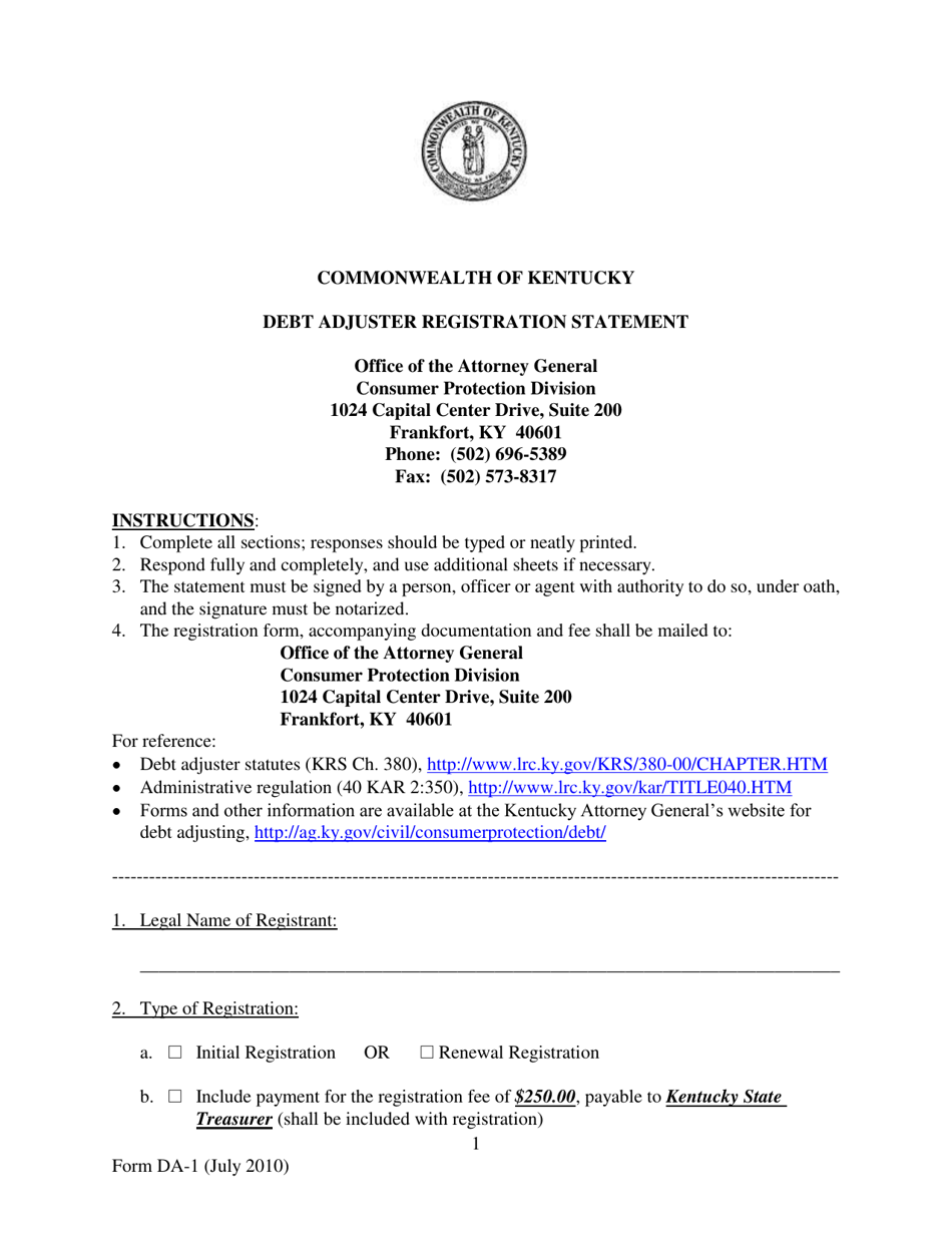 Form DA-1 - Fill Out, Sign Online and Download Printable PDF, Kentucky ...