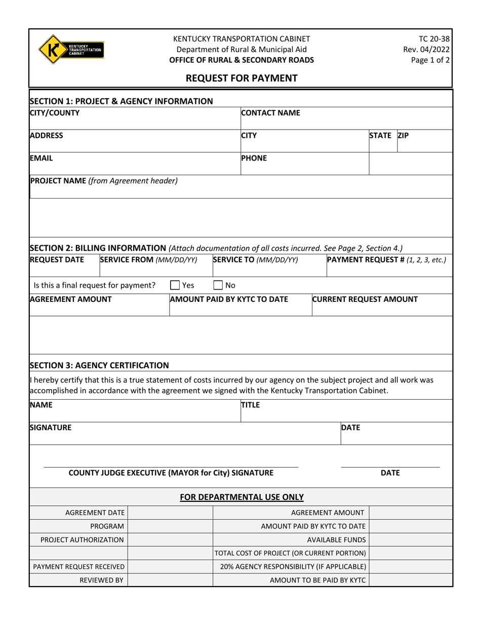 Form TC20-38 Download Printable PDF or Fill Online Request for Payment ...