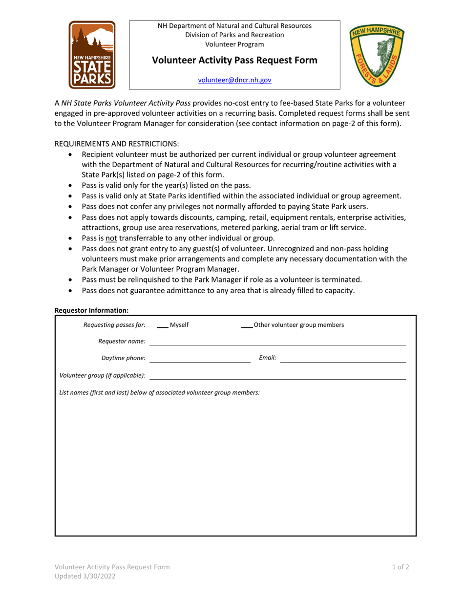 New Hampshire Volunteer Activity Pass Request Form - Fill Out, Sign ...