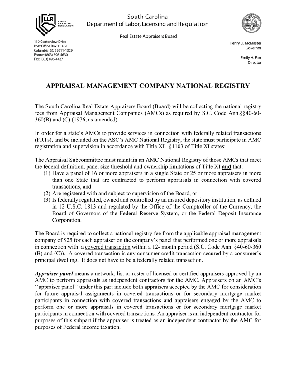 2021 South Carolina Appraisal Management Company National Registry Form ...