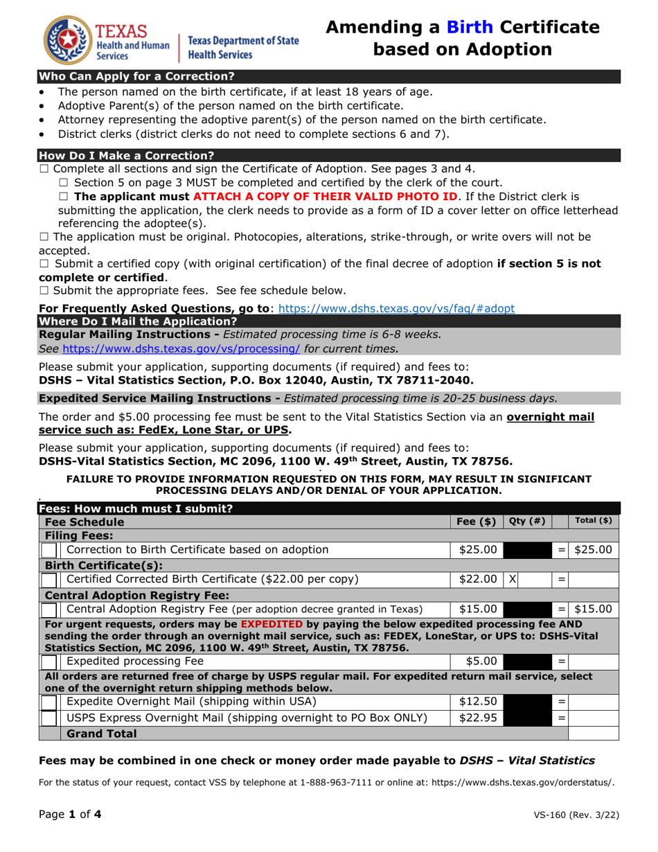 Form VS-160 - Fill Out, Sign Online and Download Fillable PDF, Texas ...