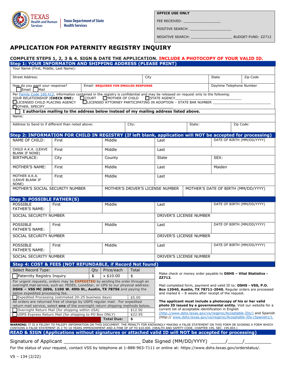 Form VS-134 Download Fillable PDF or Fill Online Application for ...
