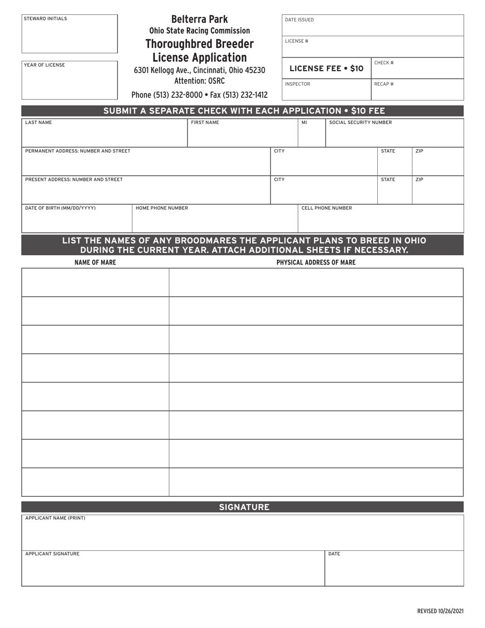 Ohio Thoroughbred Breeder License Application - Belterra Park Download ...