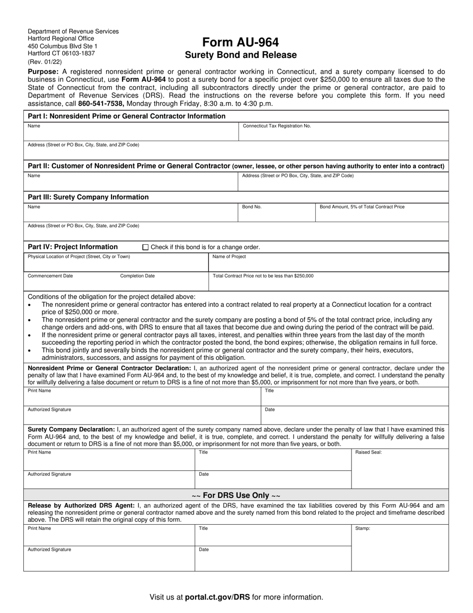 Form AU-964 Download Printable PDF or Fill Online Surety Bond and ...