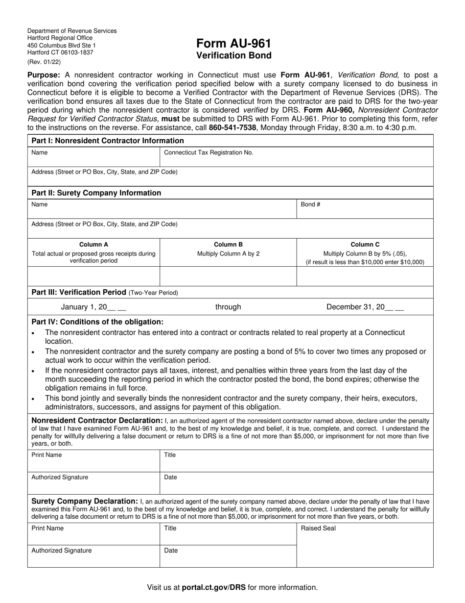 Form AU-961 Download Printable PDF or Fill Online Verification Bond ...
