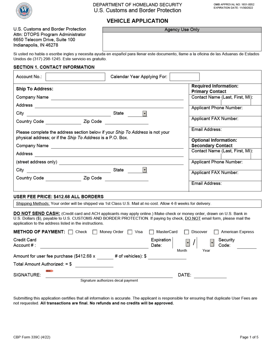 CBP Form 339C Download Fillable PDF or Fill Online Vehicle Application ...