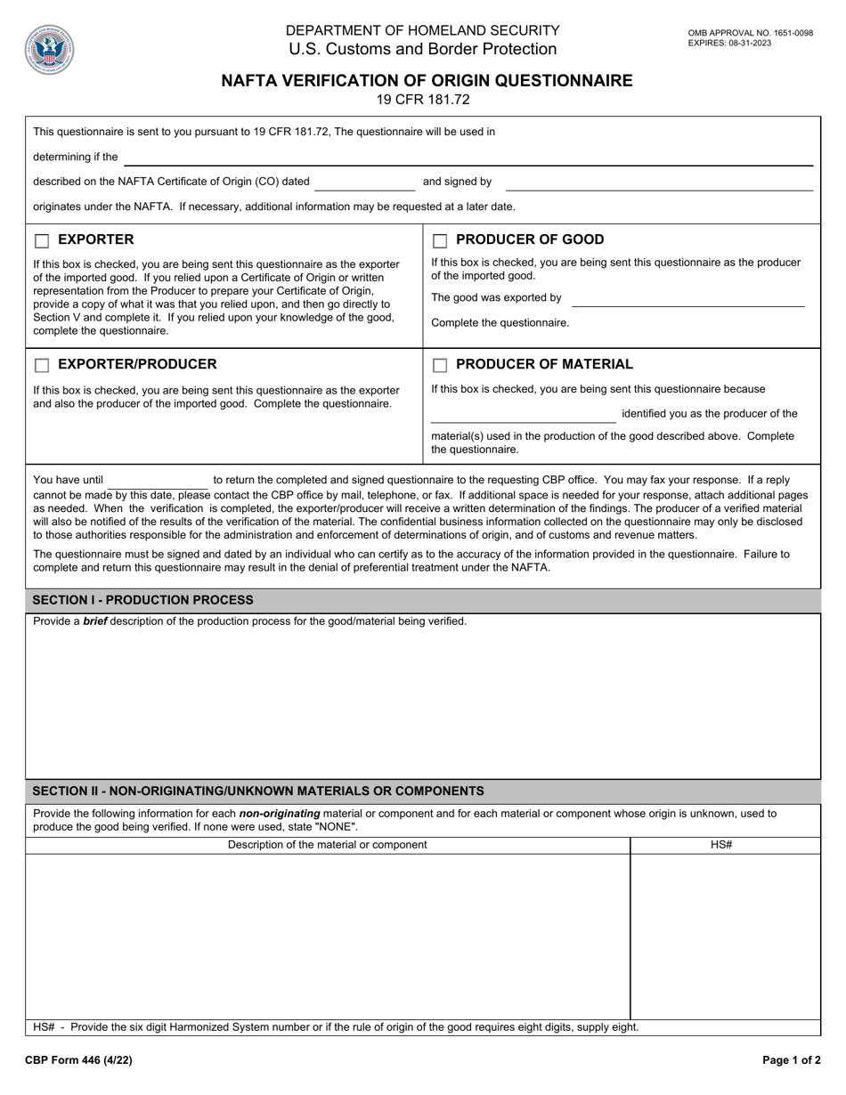 CBP Form 446 Download Fillable PDF or Fill Online Nafta Verification of ...