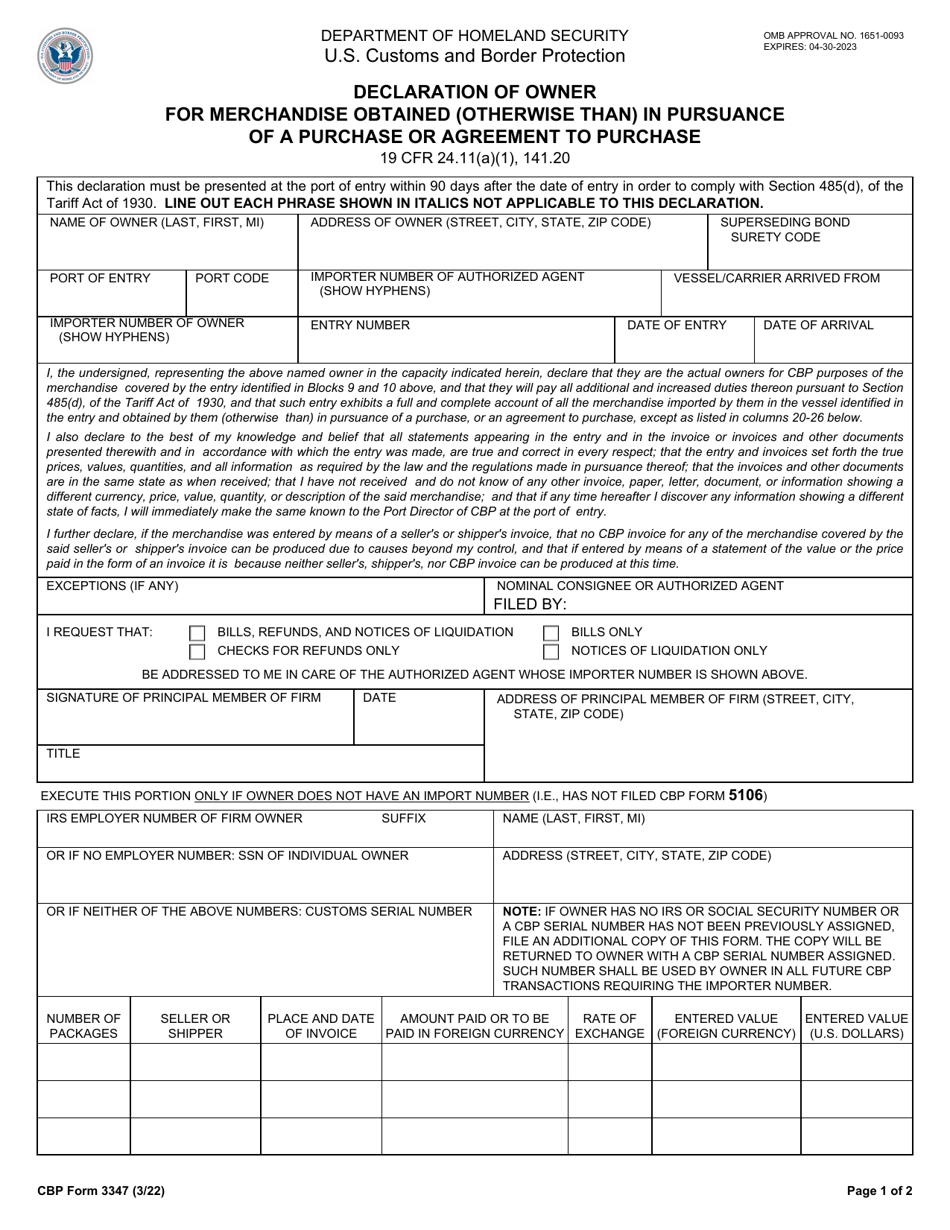 CBP Form 3347 Download Fillable PDF or Fill Online Declaration of Owner ...