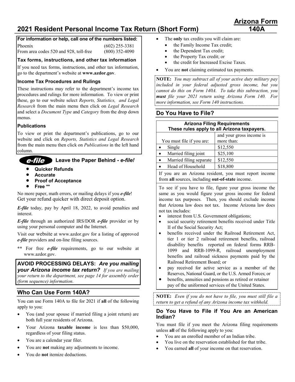Download Instructions for Arizona Form 140A, ADOR10414 Resident ...