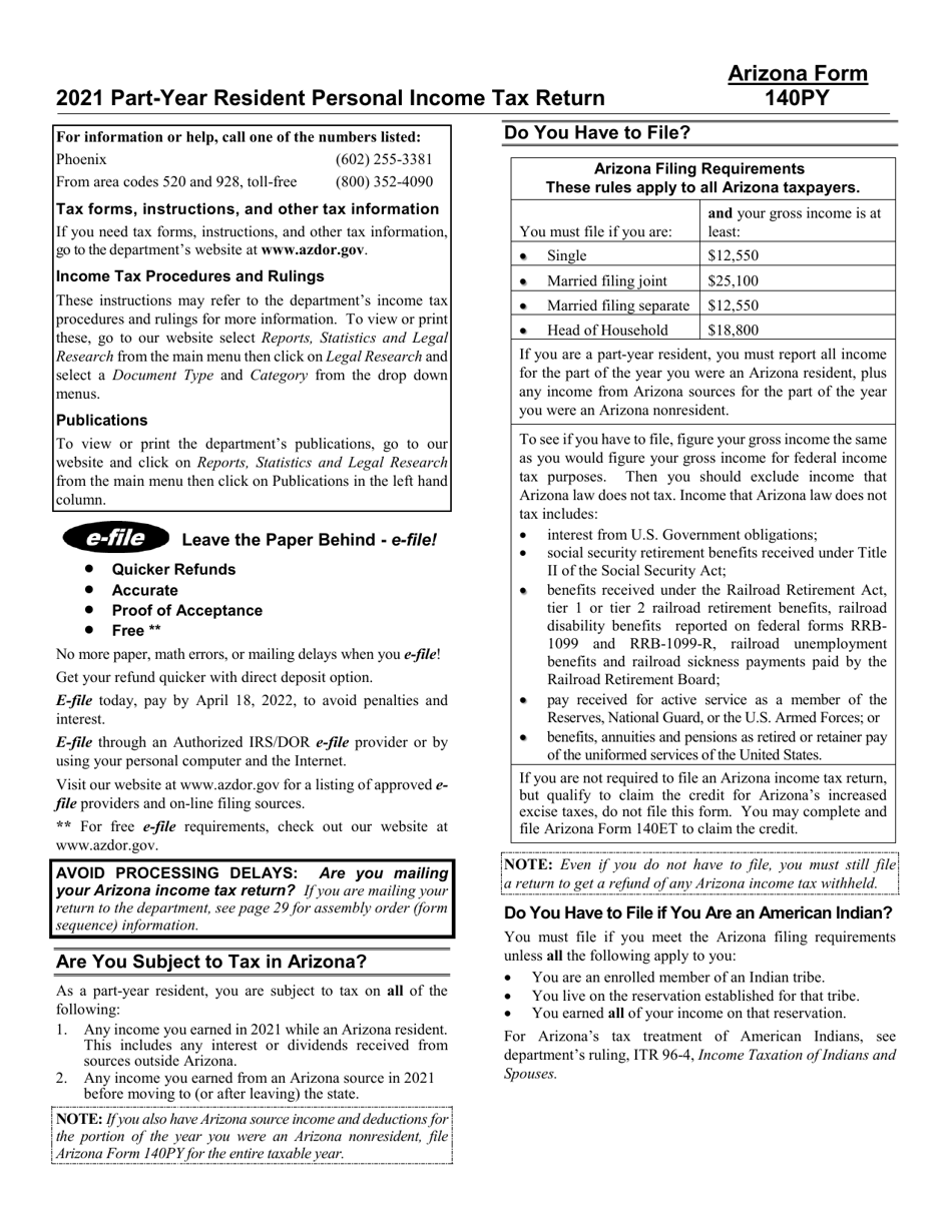 Download Instructions for Arizona Form 140PY, ADOR10149 Part-Year ...