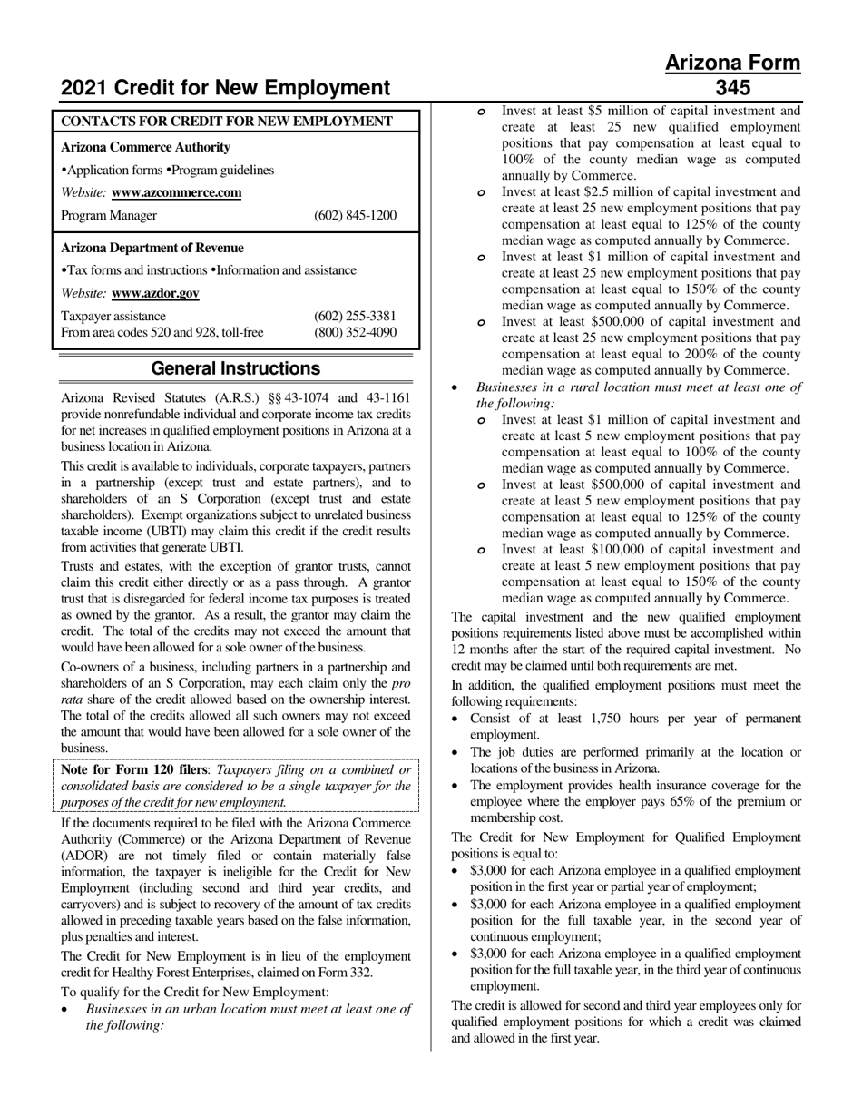 Download Instructions for Arizona Form 345, Arizona Form 345-P, Arizona ...
