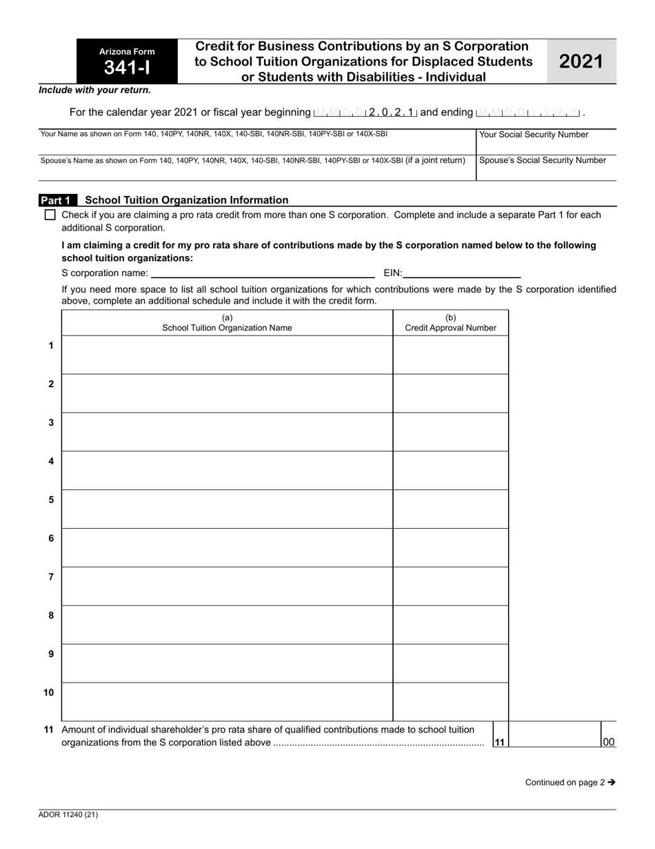 Arizona Form 341-I (ADOR11240) - 2021 - Fill Out, Sign Online and ...