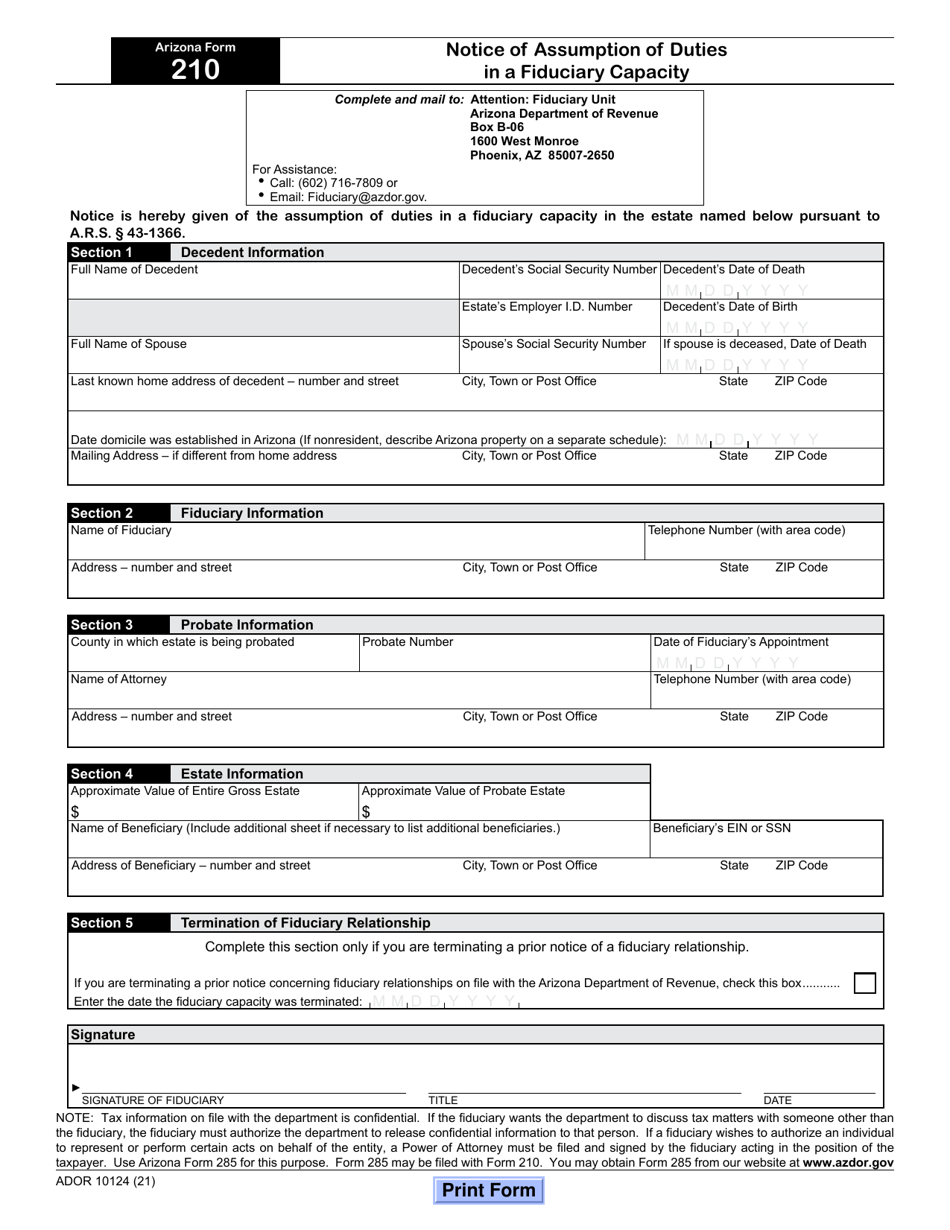 Arizona Form 210 (ADOR10124) - Fill Out, Sign Online and Download ...