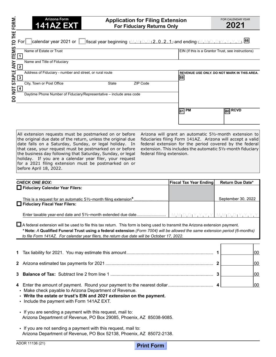 Arizona Form 141AZ EXT (ADOR11136) - 2021 - Fill Out, Sign Online and ...
